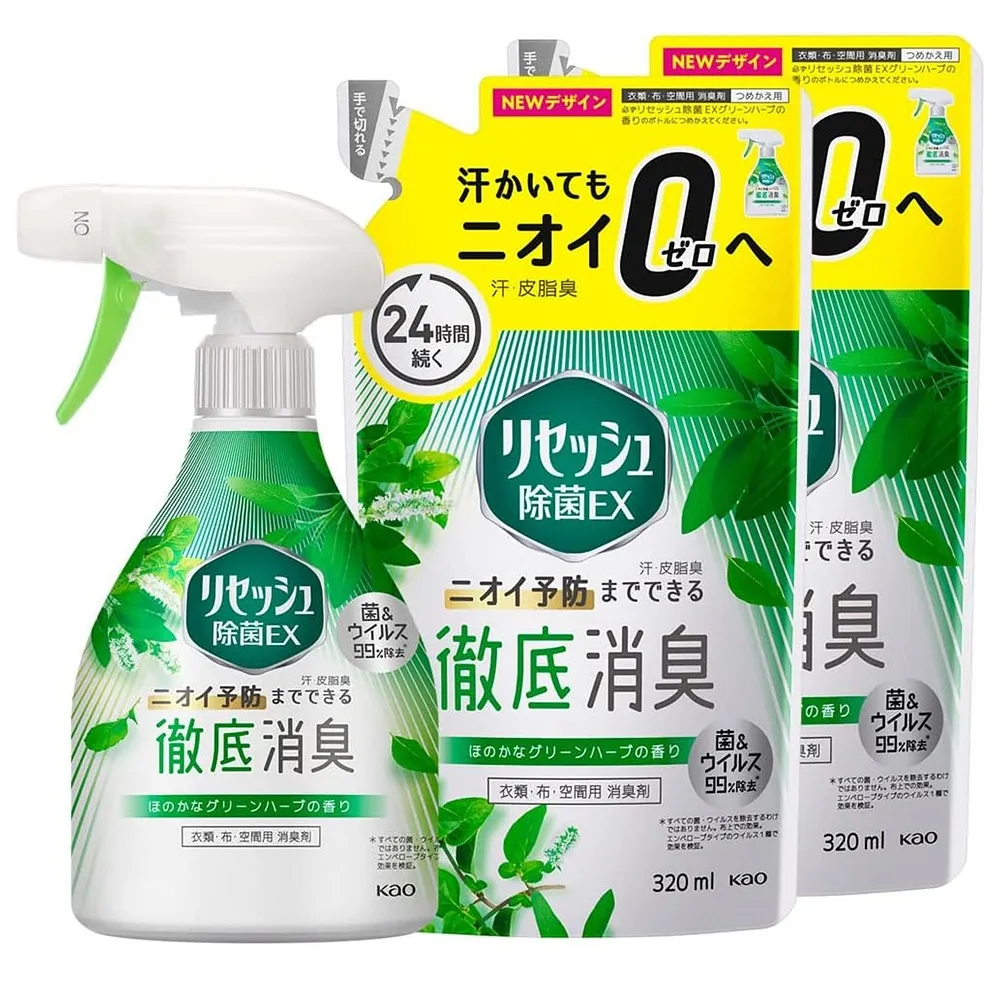 kao 카오 리세쉬 그린 허브 향 에어 탈취제 370+리필 320ml 2팩 Resesh Disinfecting EX Deodorizing Spr | 크로켓
