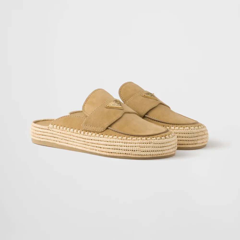 프라다 트라이앵글 로고 스웨이드 플랫폼 뮬 슬리퍼 1S872N_054_F0379 | 크로켓